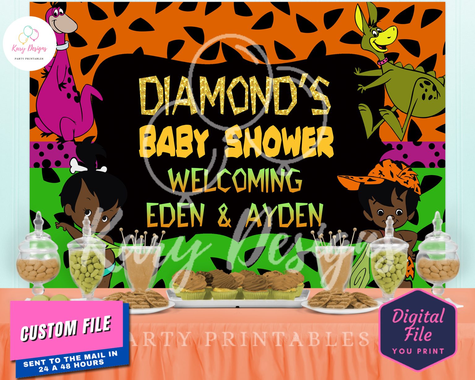 AFRO AMERICAN PEBBLES AND BAM BAM BACKDROP - Kary Designs