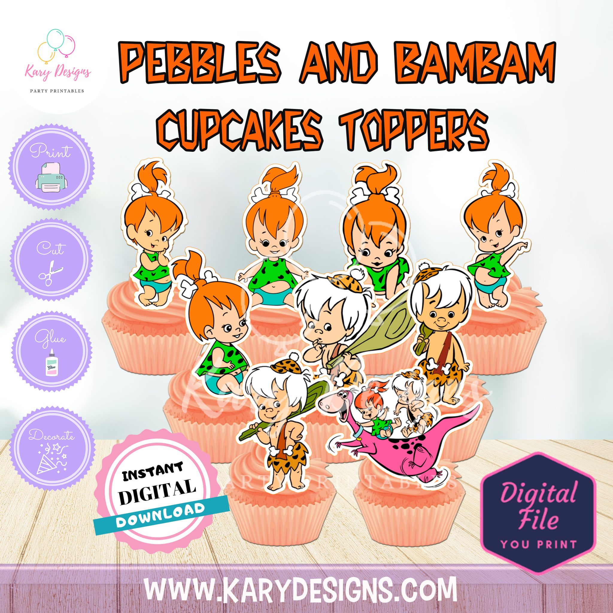 PEBBLES AND BAM BAM CUPCAKE TOPPERS - Kary Designs